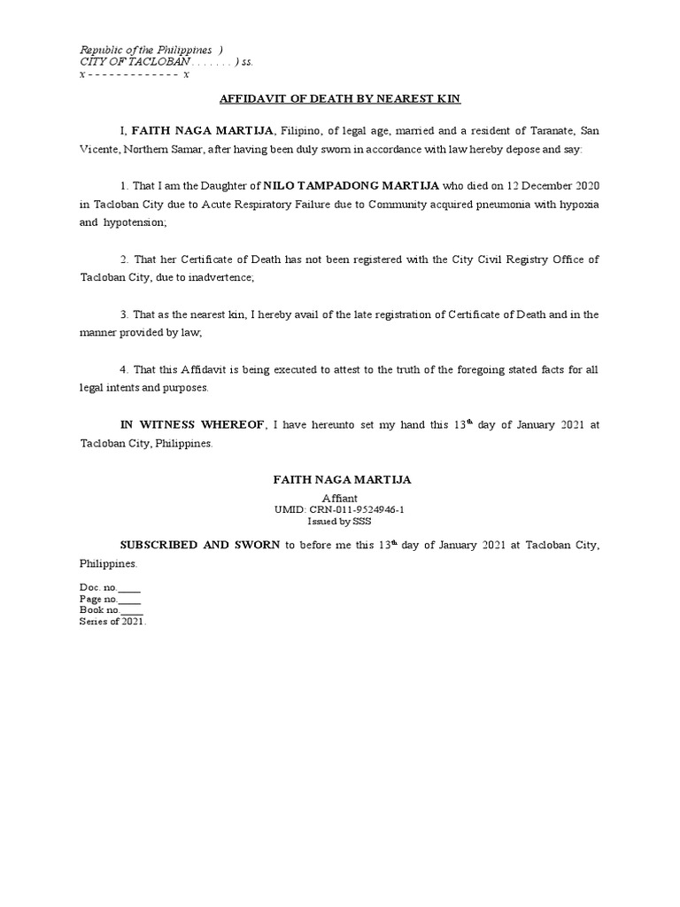 Affidavit of Death by Nearest Kin | PDF | Affidavit | Document