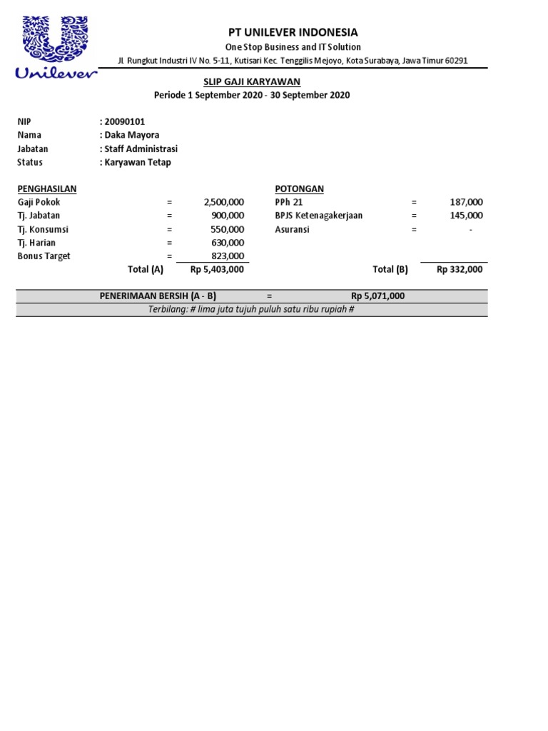 Contoh Slip Gaji PT Unilever Indonesia | PDF