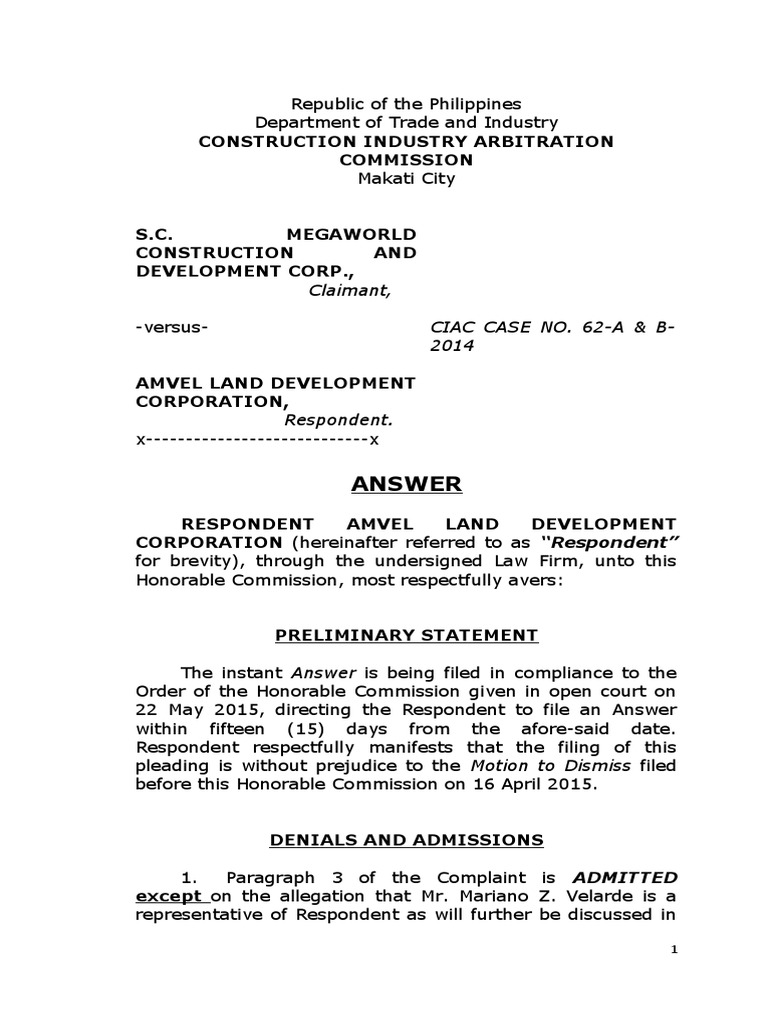 Answer: Claimant, Ciac Case No. 62-A & B-2014 | PDF | Prices | Common Law