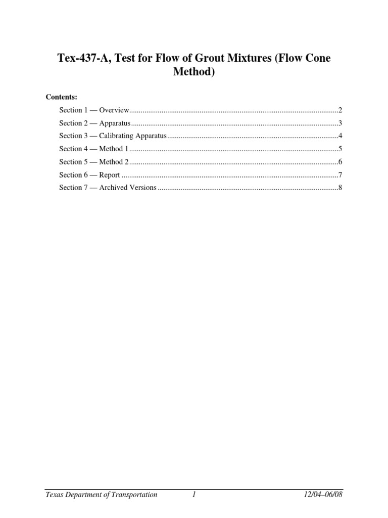 Tex-437-A, Test For Flow of Grout Mixtures (Flow Cone Method) | PDF ...