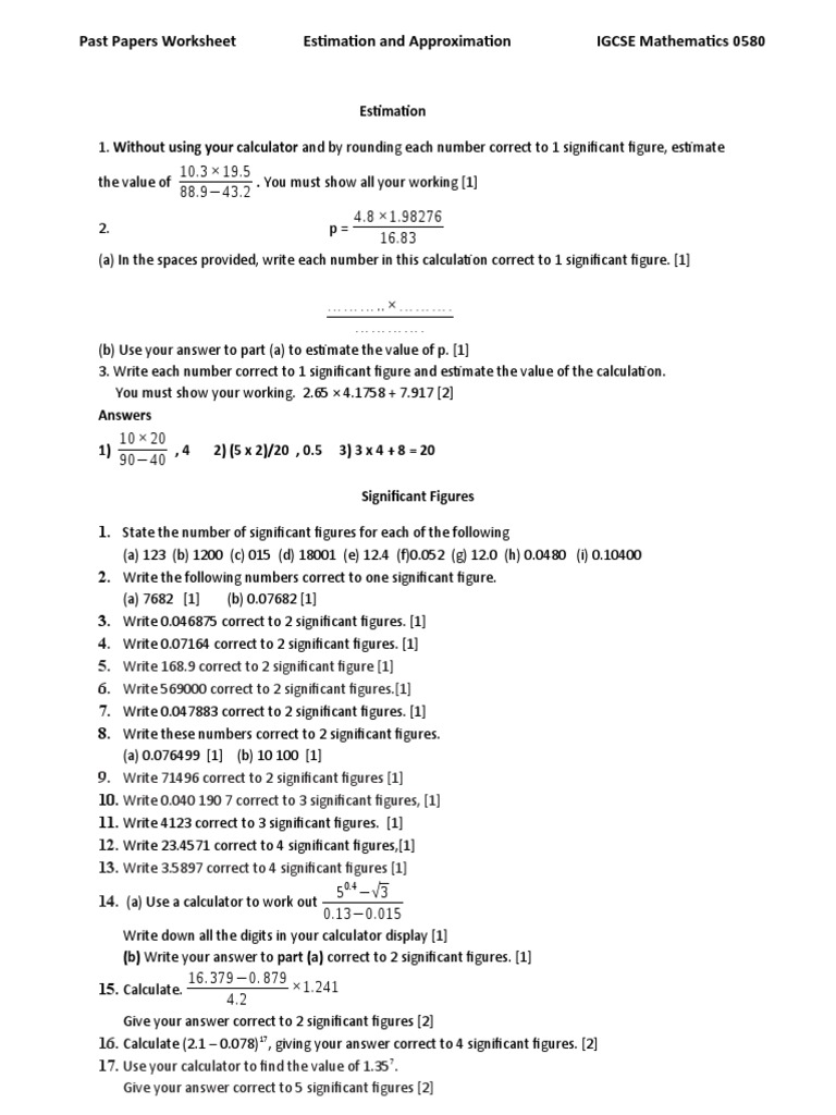 Past Papers Worksheet Estimation and Approximation IGCSE Mathematics ...
