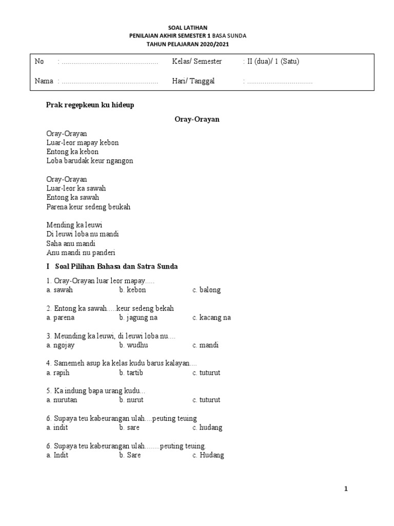 Soal Latihan PAS B. Sunda Kls 2 | PDF