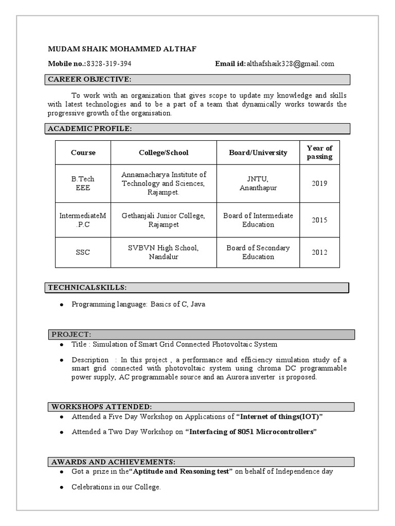 Mudam Shaik Mohammed Althaf Resume Pdf Computing Science