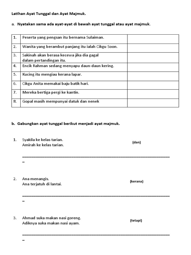 Latihan Ayat Tunggal Dan Ayat Majmuk TAHUN 3 20JAN2021 | PDF