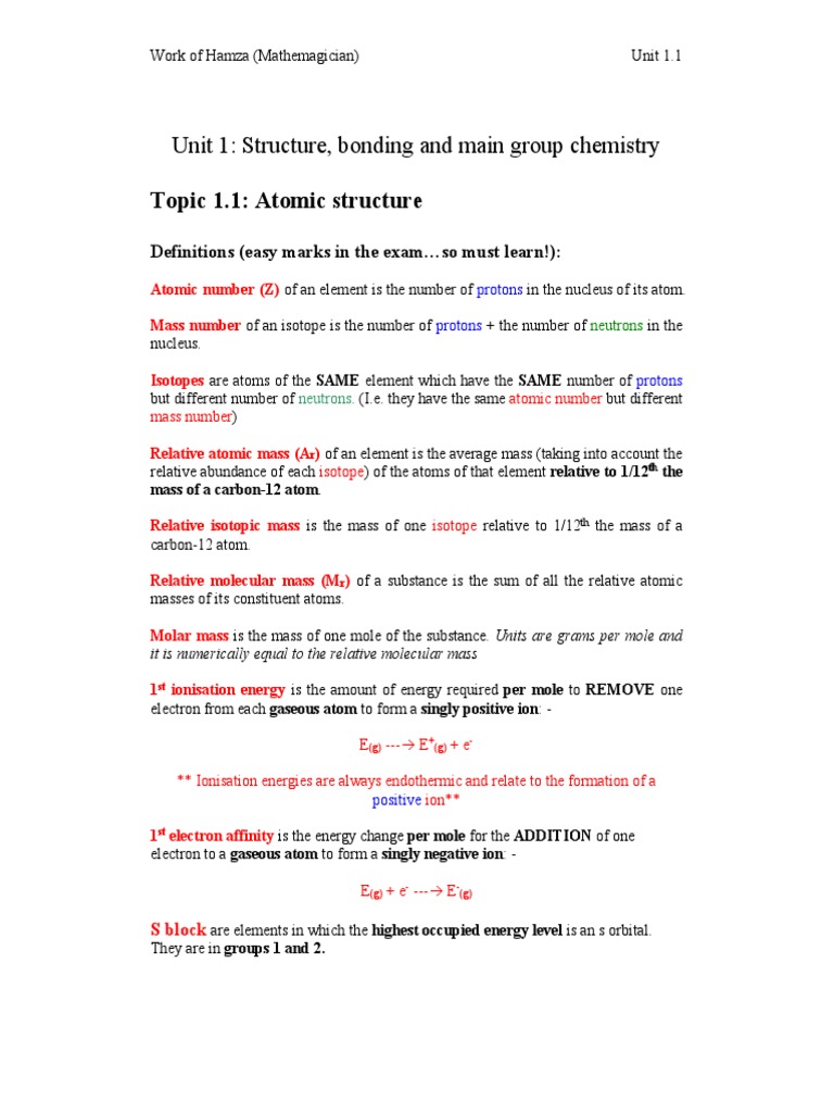 Unit 1 Structure, Bonding and Main Group Chemistry | PDF | Atoms | Electron
