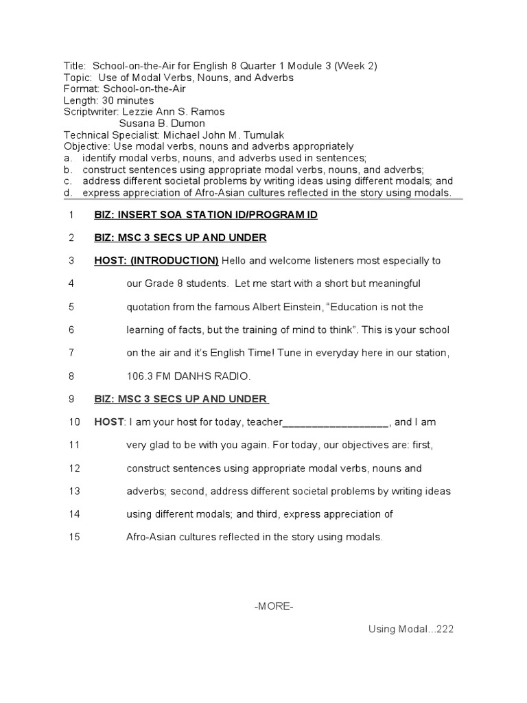 Radio-Script MODAL VERBS, NOUNS AND ADVERBS ENGLISH 8 | PDF | Verb | Adverb