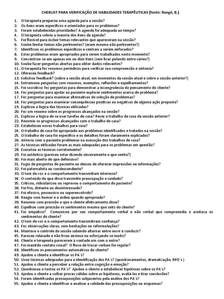 Checklist de Habilidades Terapêuticas | PDF | Comentários