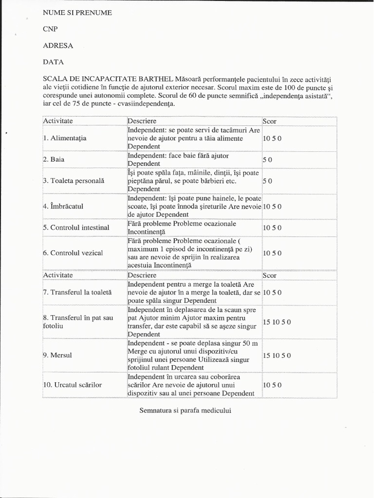 Formular Scala de Incapacitate Barthel, Adl Si Iadl | PDF