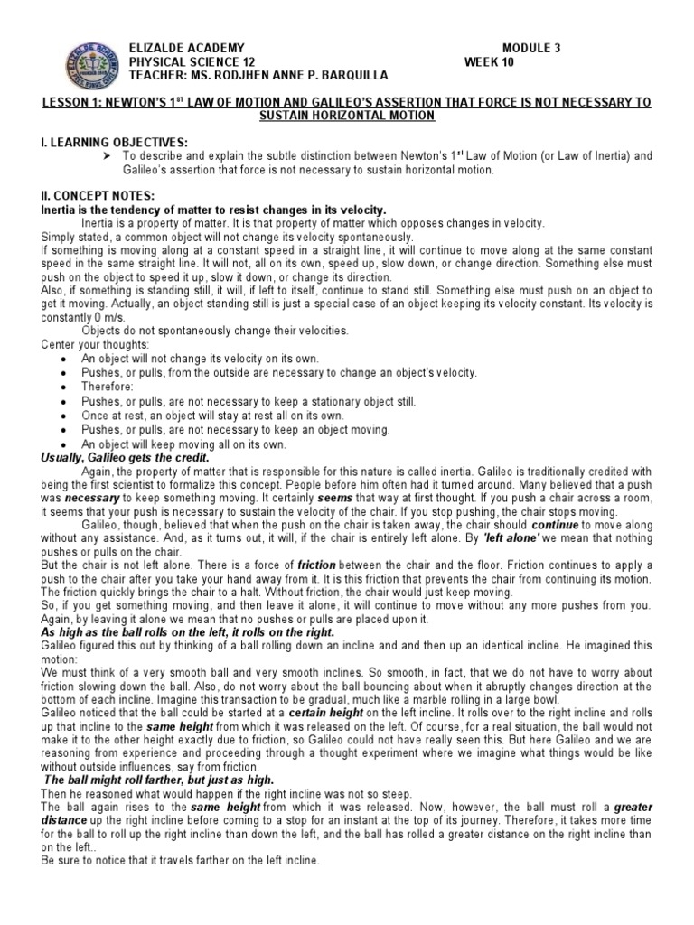 Physical Science Week 10 Module 3 | PDF | Inertia | Force
