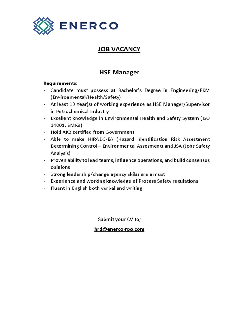 Job Vacancy HSE Manager PT. Enerco RPO Internasional | PDF
