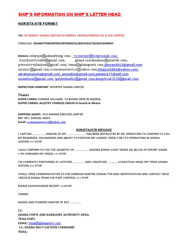 NOR/ETA/ATB Message from Master of MT [VESSEL NAME] Confirming Cargo ...