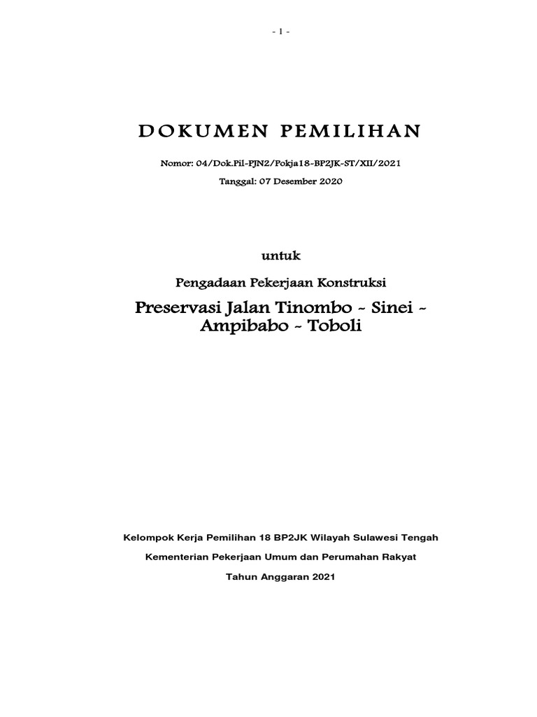 Dok. Tender Preservasi Jalan Tinombo-sinei-Ampibabo-Toboli | PDF