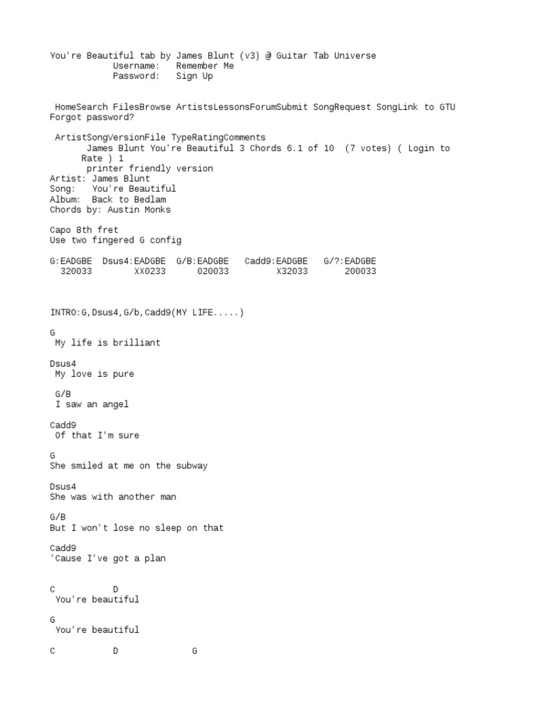 You're Beautiful Tab by James Blunt (v3) at Guitar Tab Universe | PDF ...