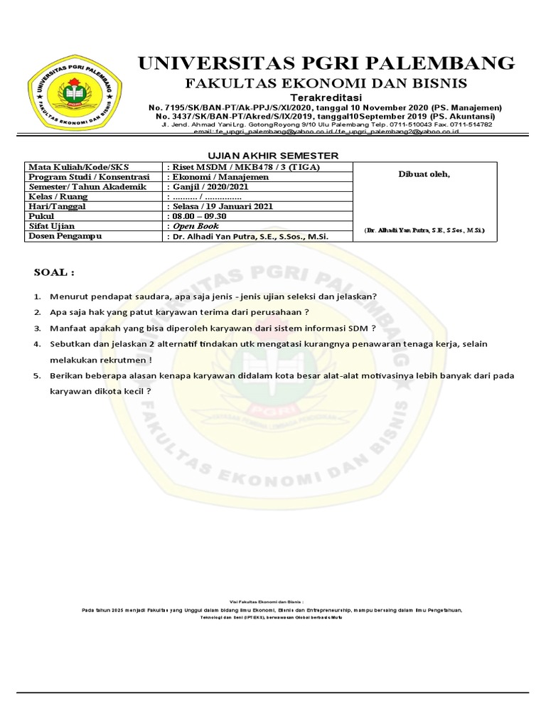 SOAL UAS Riset Manajemen SDM | PDF | Karier & Perkembangan | Komputer