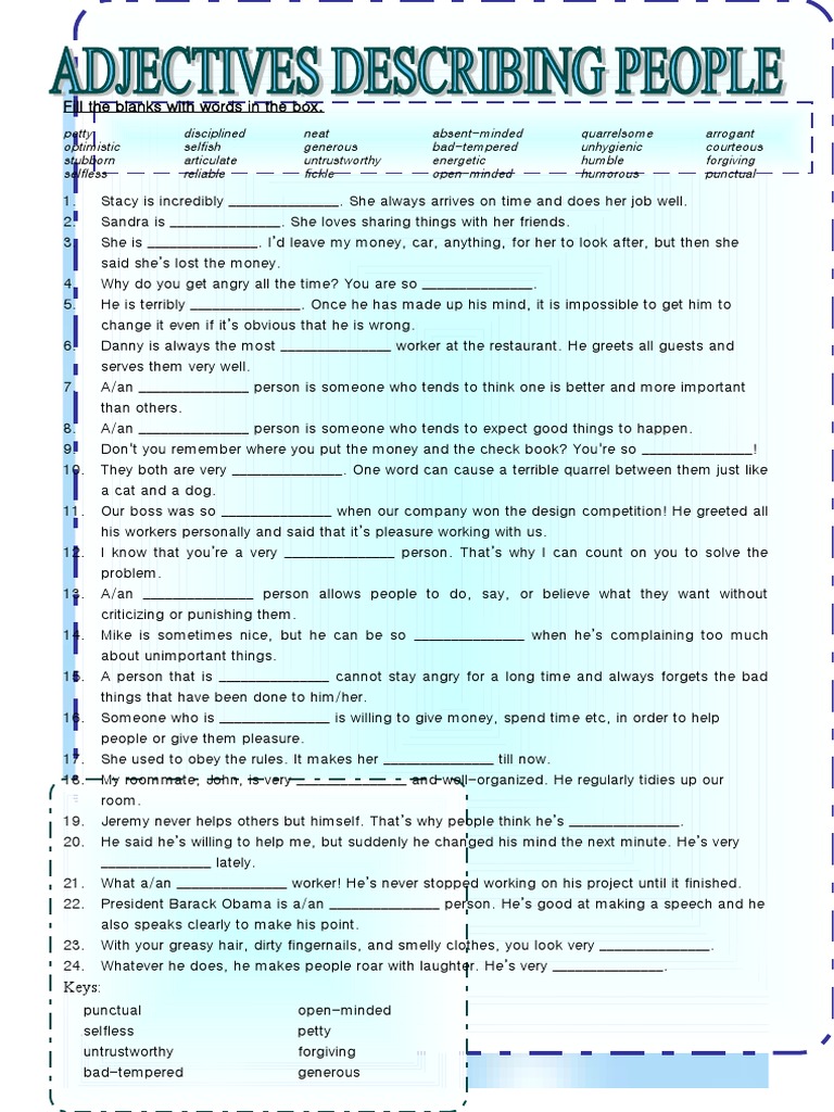 Adjectives Describing People Grammar Drills 24083 | PDF