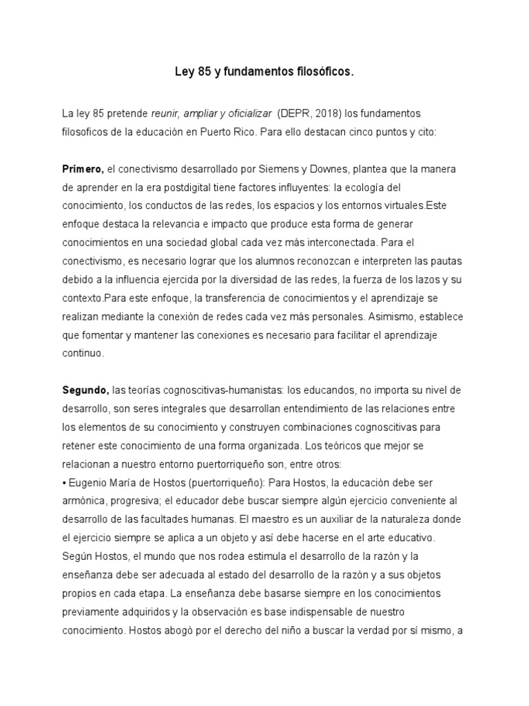 LEY 85 Fundamentos Filosoficos | PDF | Aprendizaje | Desarrollo cognitivo