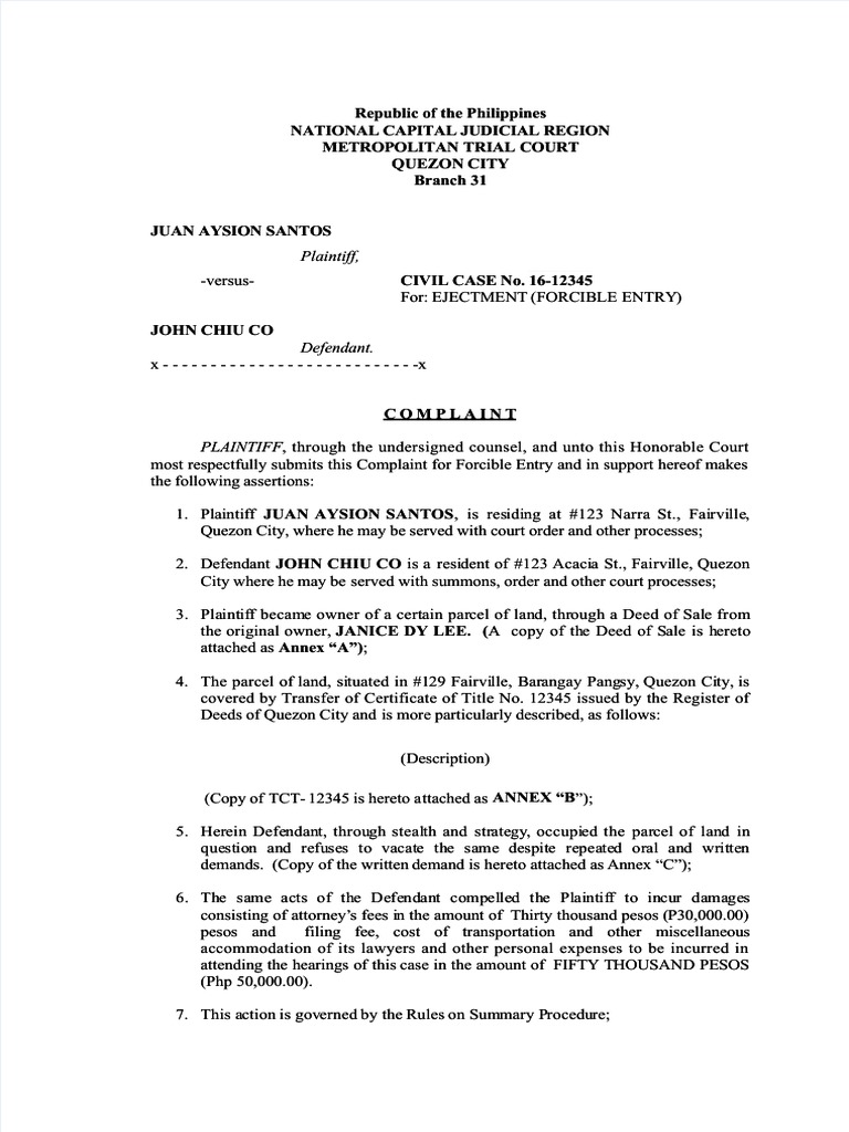 Complaint For Forcible Entry | PDF | Common Law | Legal Communication