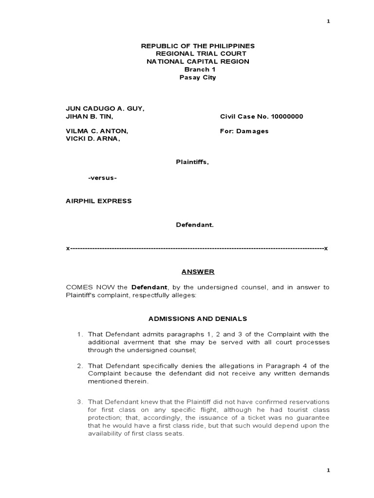 Answer Complaint-for-Damages rrp10182020 | PDF | Complaint | Legal ...