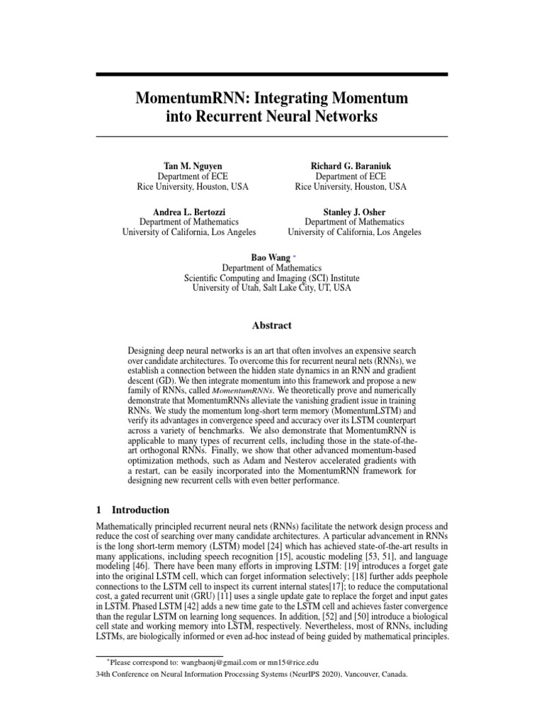 Momentumrnn: Integrating Momentum Into Recurrent Neural Networks | PDF | Mathematical ...