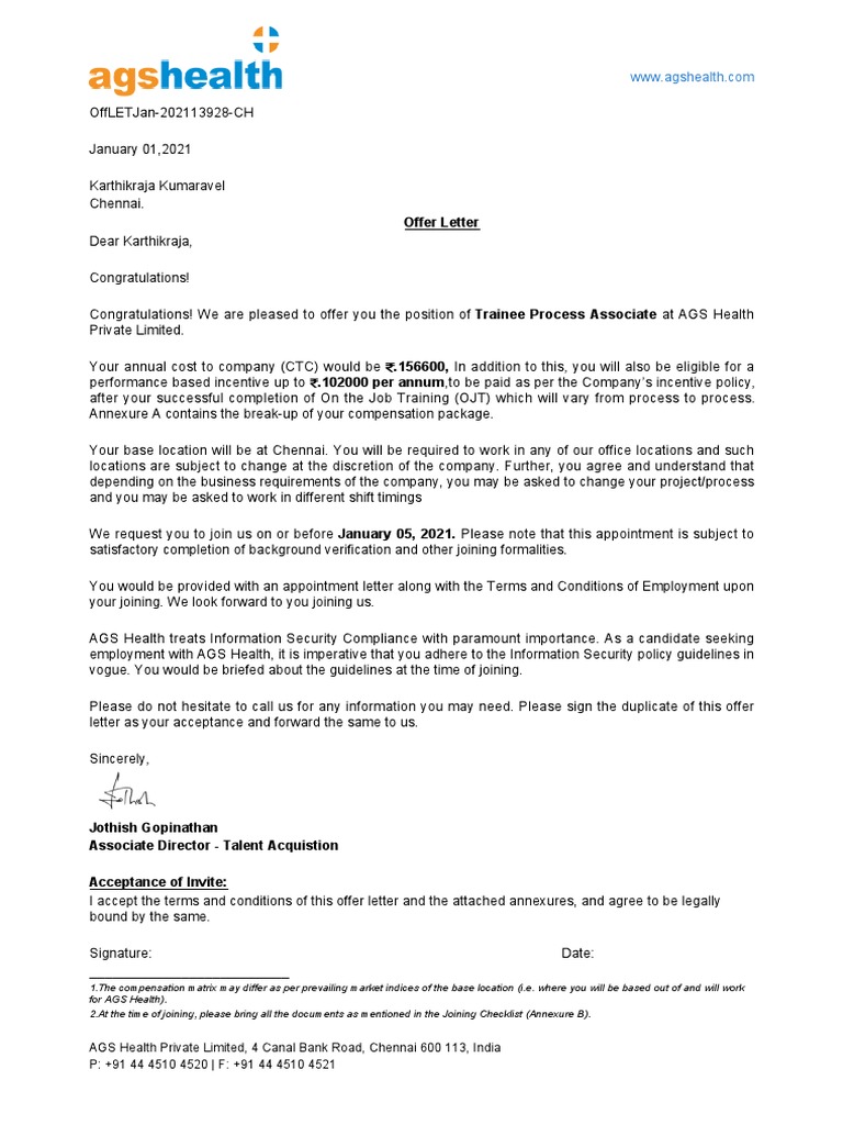 Offer Letter | Download Free PDF | Salary | Government