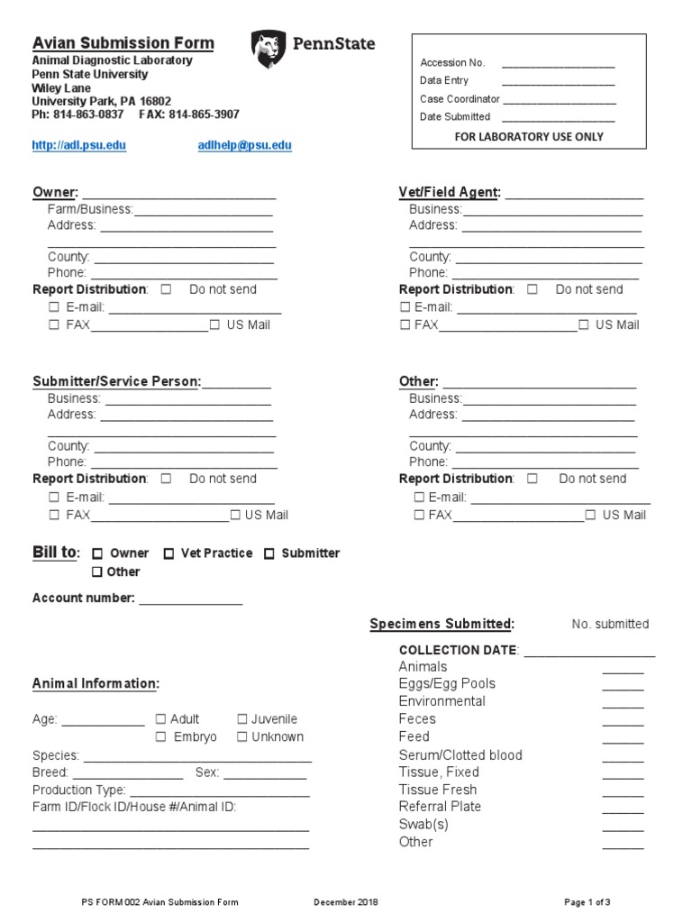 Avian Necropsy and Sample Submission Form 1 | PDF | Birds | Biology