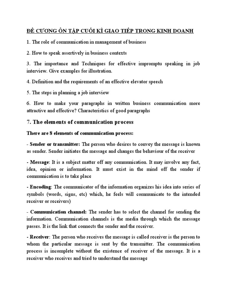 Đề Cương Ôn Tập Cuối Kì Giao Tiếp Trong Kinh Doanh: 7. The elements of communication process ...