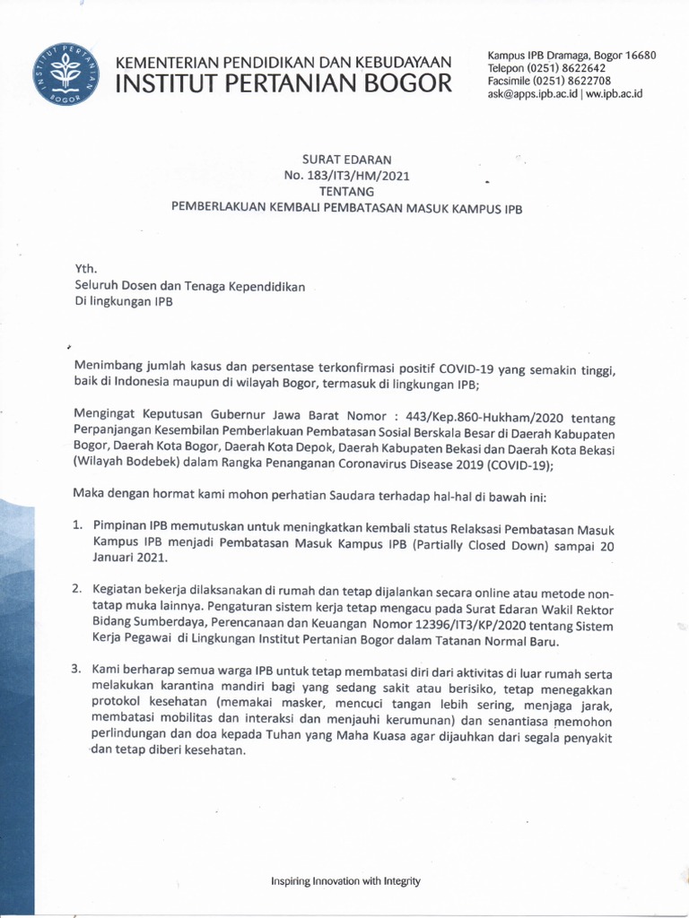 183 Surat Edaran Pemberlakuan Pembatasan Masuk Kampus IPB-signed | PDF
