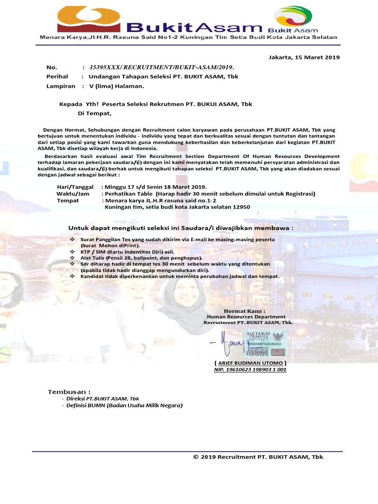 Surat Panggilan Tahapan Seleksi Calon Karyawan Pt. Akr Corporindo | PDF