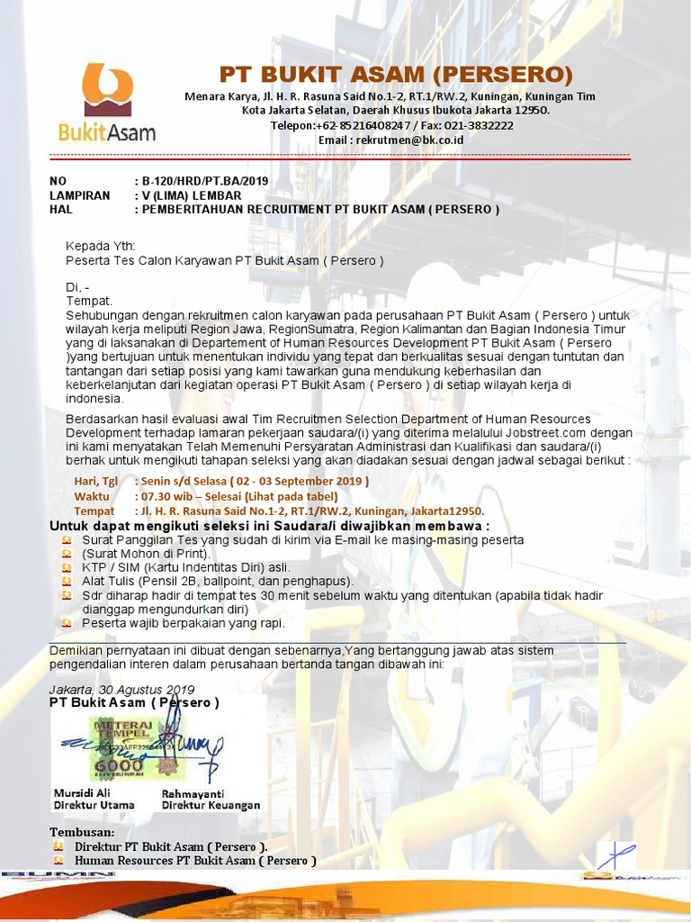 Undangan Rekrutmen PT Bukit Asam Persero | PDF