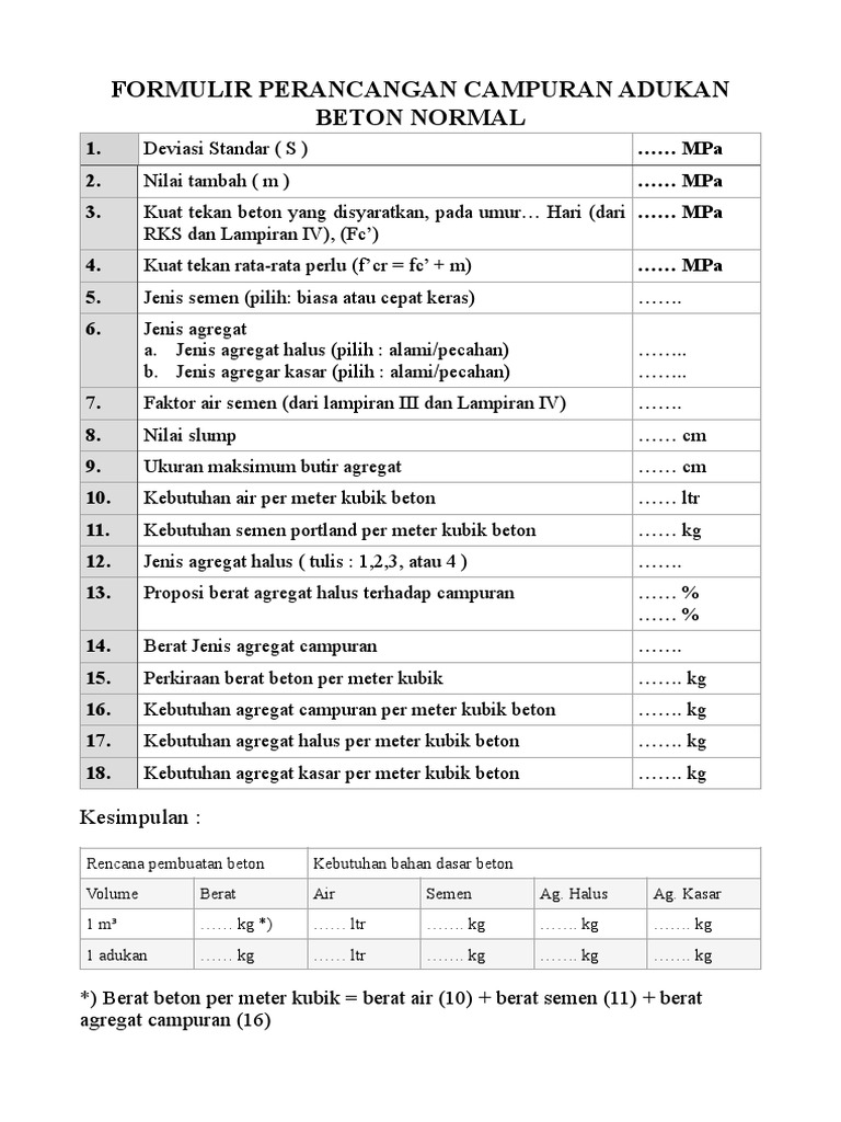 Formulir Perancangan Beton Normal | PDF