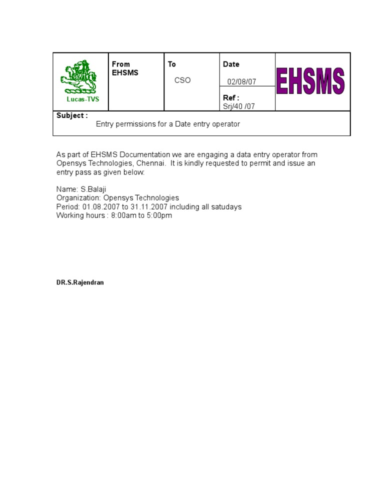 Entry Pass Request for Data Operator | PDF