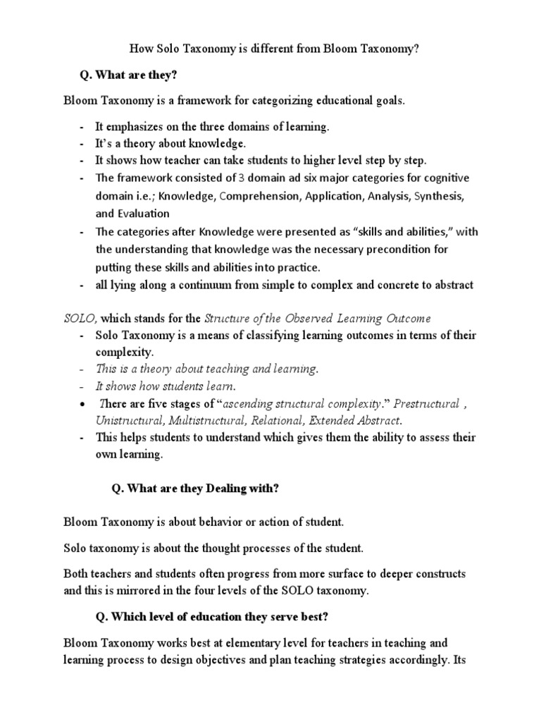 Relation Between Bloom Taxonomy & Solo Taxonomy | PDF | Teachers ...