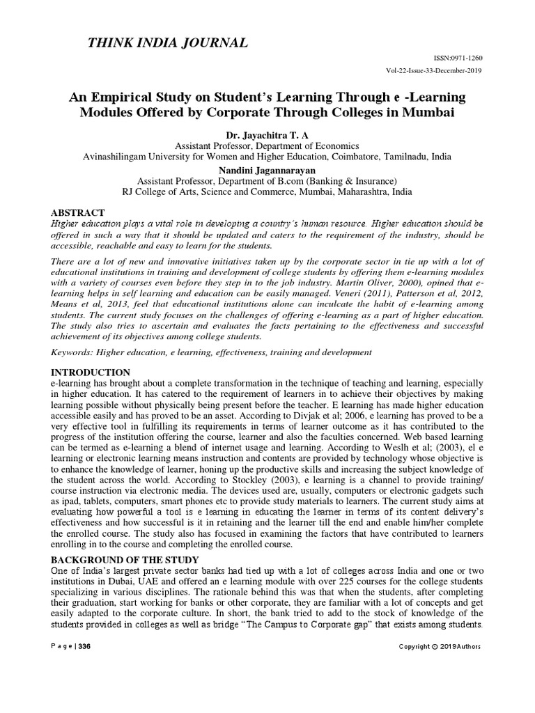 An Empirical Study On Student's Learning Through e - Learning Modules ...