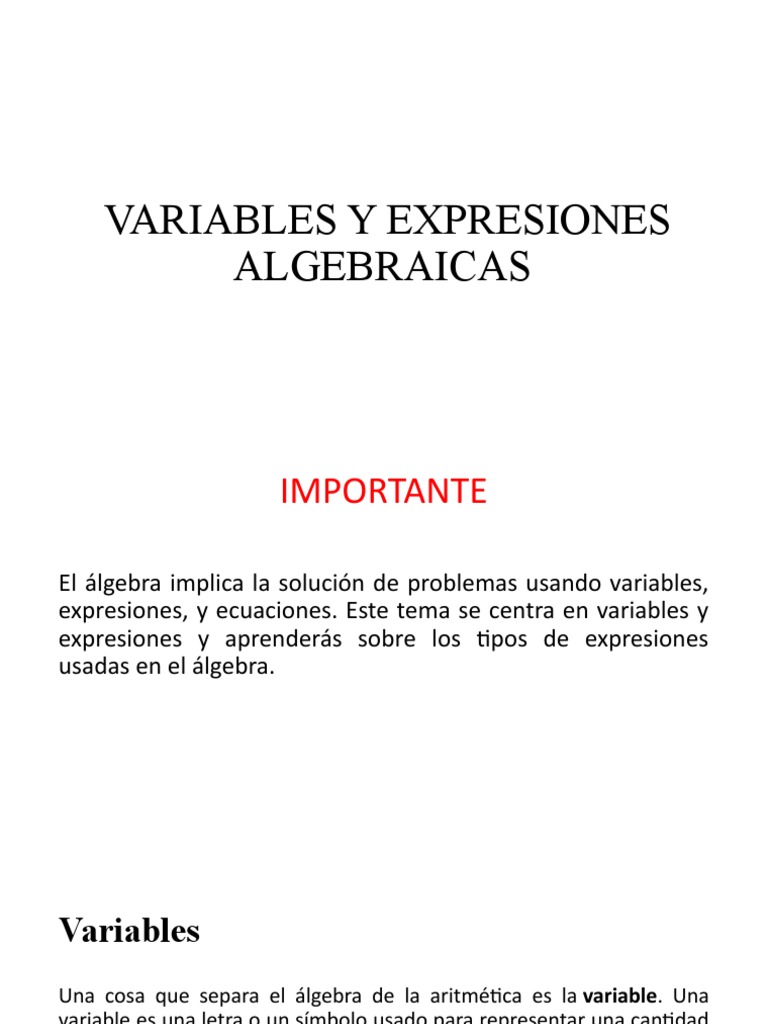 Variables y Expresiones Algebraicas Algebra | PDF | Multiplicación ...