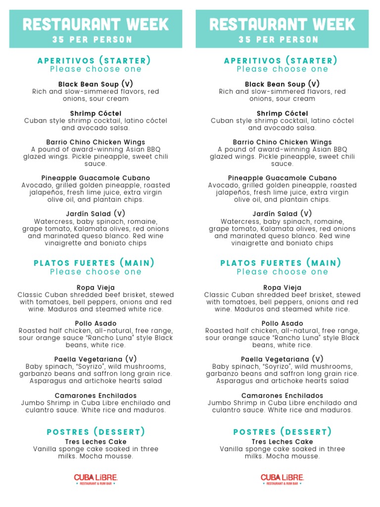 Cuba Libre Restaurant Week Menu | PDF | Salad | Potato Chip
