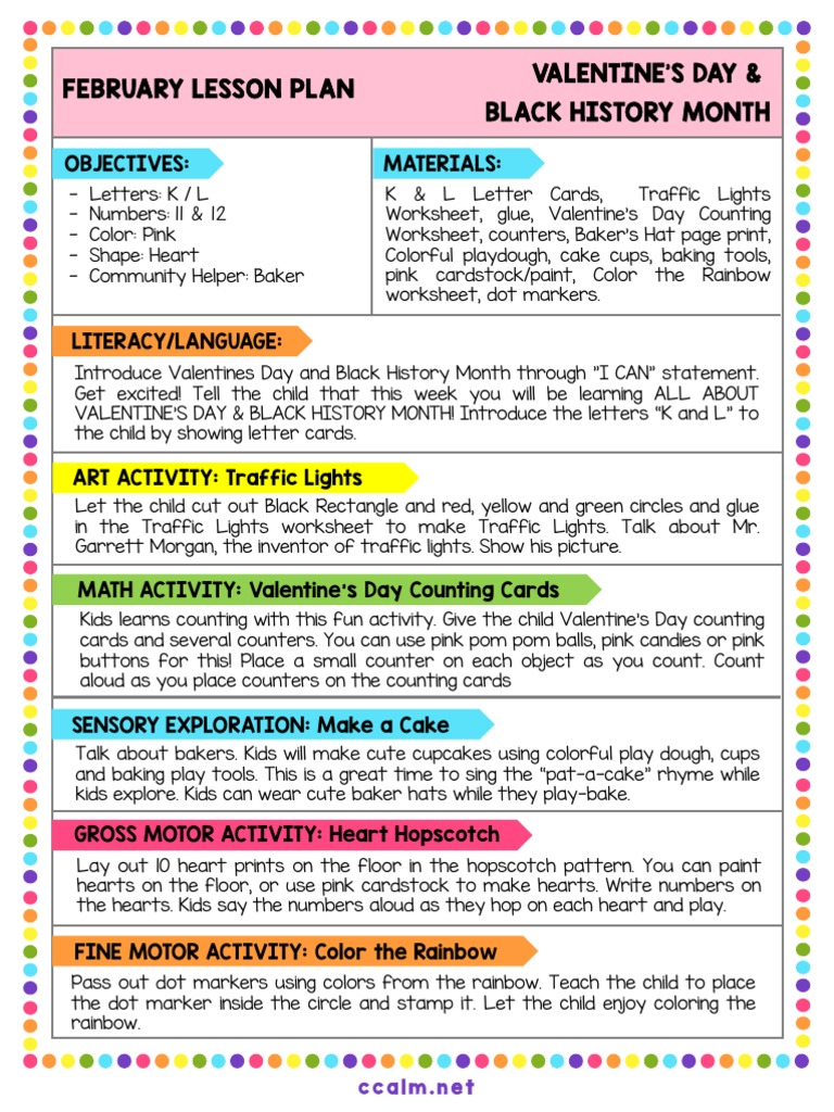 Toddler Febuary Lesson Plan - Valentines - Black History | PDF