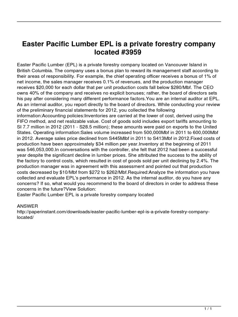 Easter Pacific Lumber Epl Is A Private Forestry Company Located | PDF ...