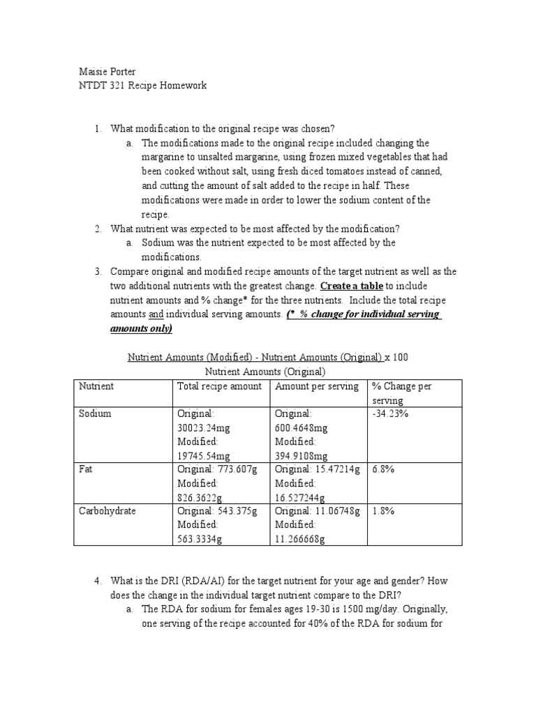 Porter Recipe Homework | PDF | Nutrients | Margarine