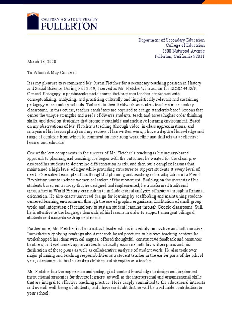 Letter of Rec - Justin Fletcher Josephine Pham Csuf | PDF | Pedagogy ...