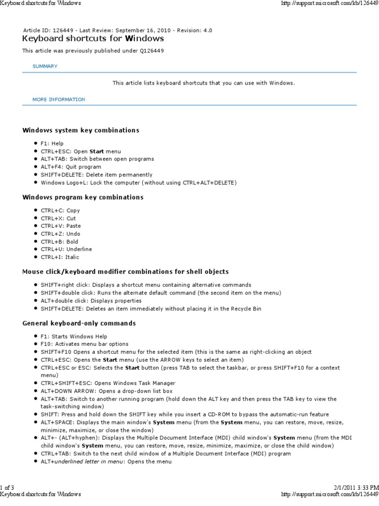 Keyboard Shortcuts For Windows: Windows System Key Combinations | PDF ...