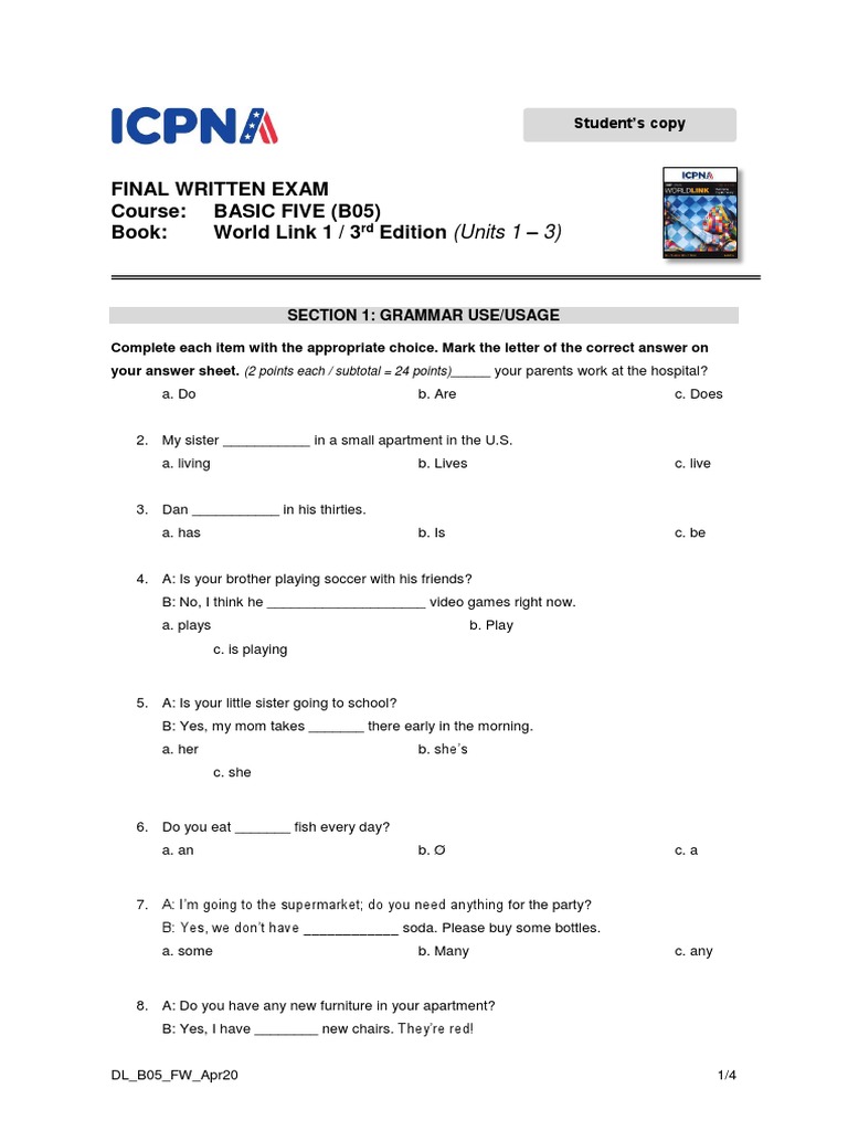 Final Written Exam Course: Basic Five (B05) Book: World Link 1 / 3 ...