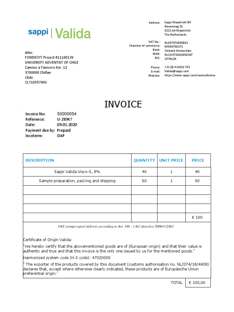 Invoice for Sappi Valida Visco-S Purchase | PDF | Invoice | Trade