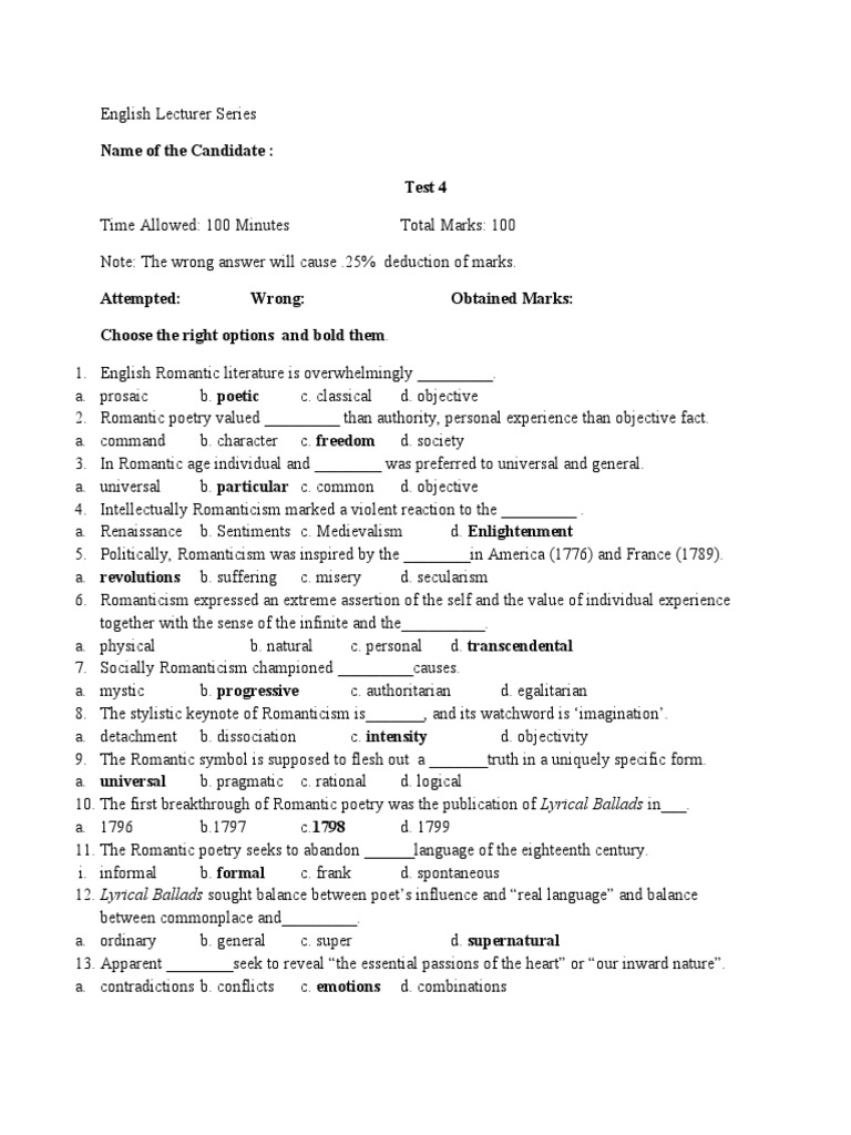 Answer Key English Lectuerer Test 4 | PDF | John Keats | Romanticism
