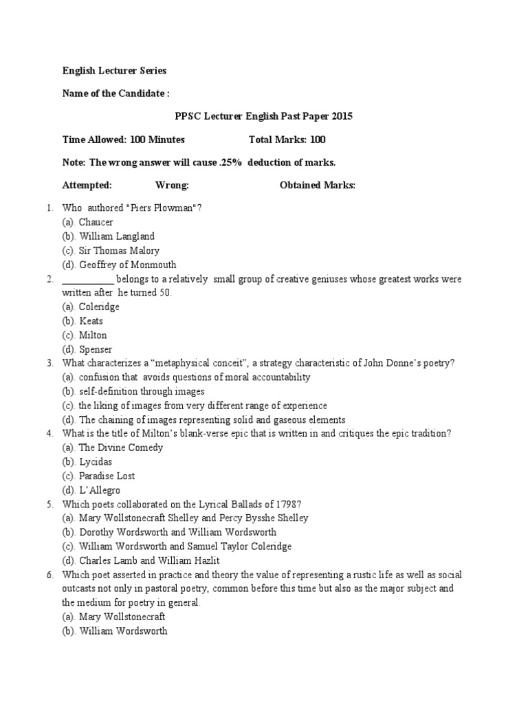 PPSC Lecturer English Past Paper 2015 (Question) | Download Free PDF ...