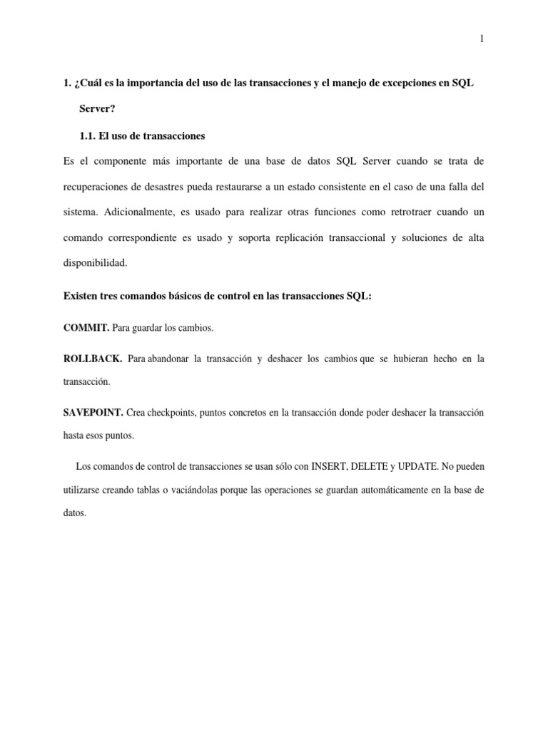 Cuál Es La Importancia Del Uso de Las Transacciones y El Manejo de Excepciones en SQL Server | PDF