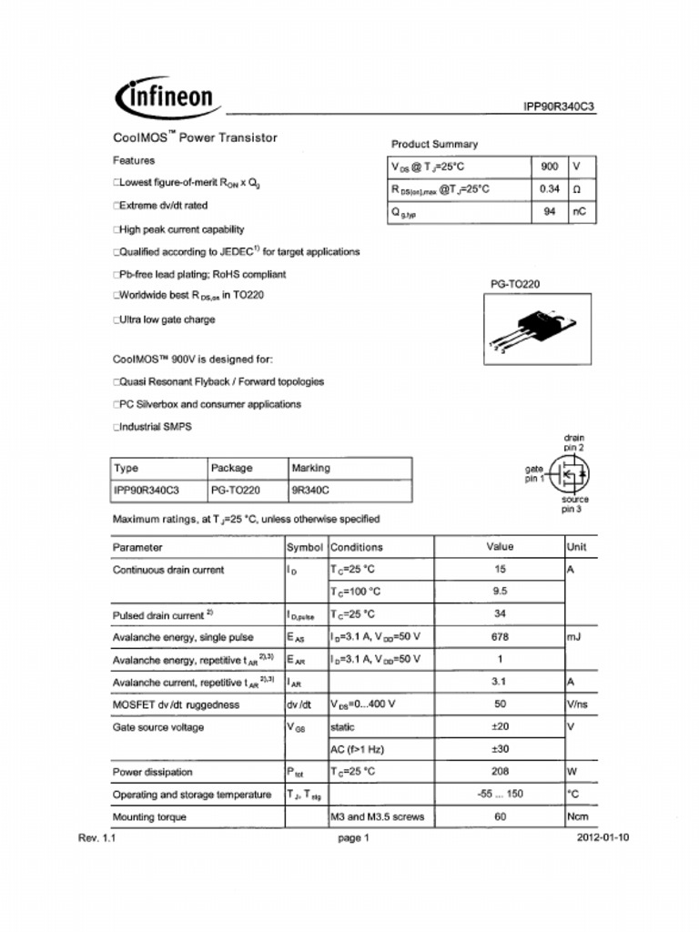 Infineon CoolMOS Datasheet | PDF | Diode | Electrical Engineering