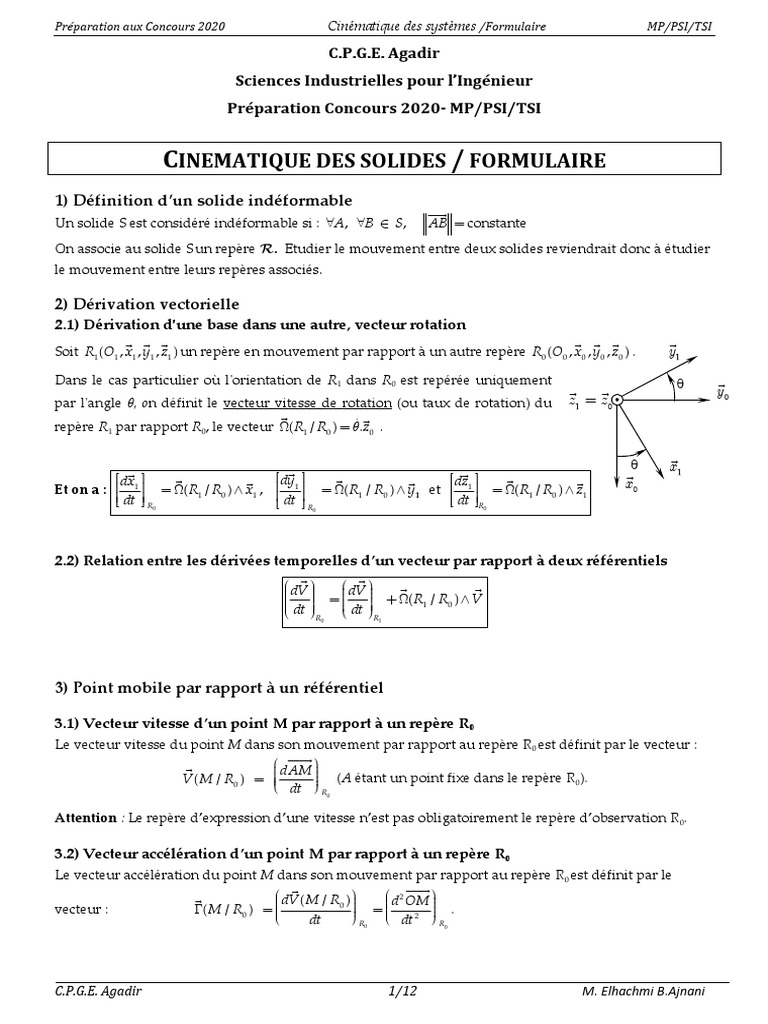 Prã©paration Concours 2020 Cinã©matique Des Solides Formulaire | PDF | Mouvement de rotation ...