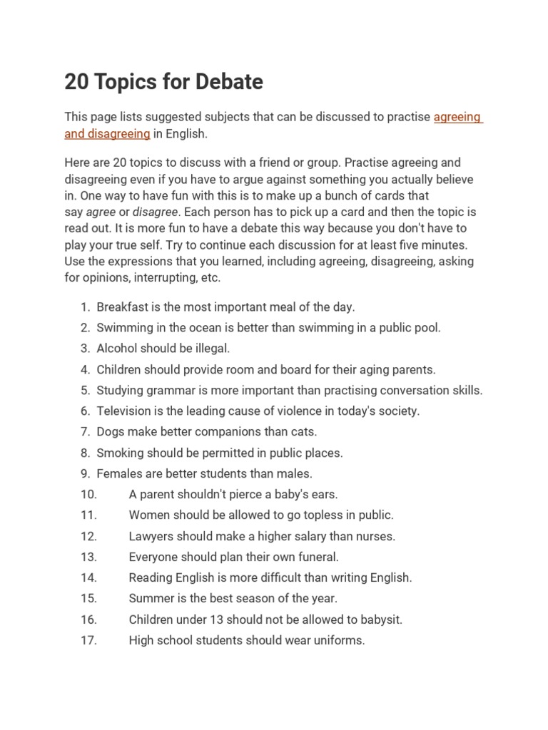 20 Topics For Debate: Agreeing and Disagreeing | PDF