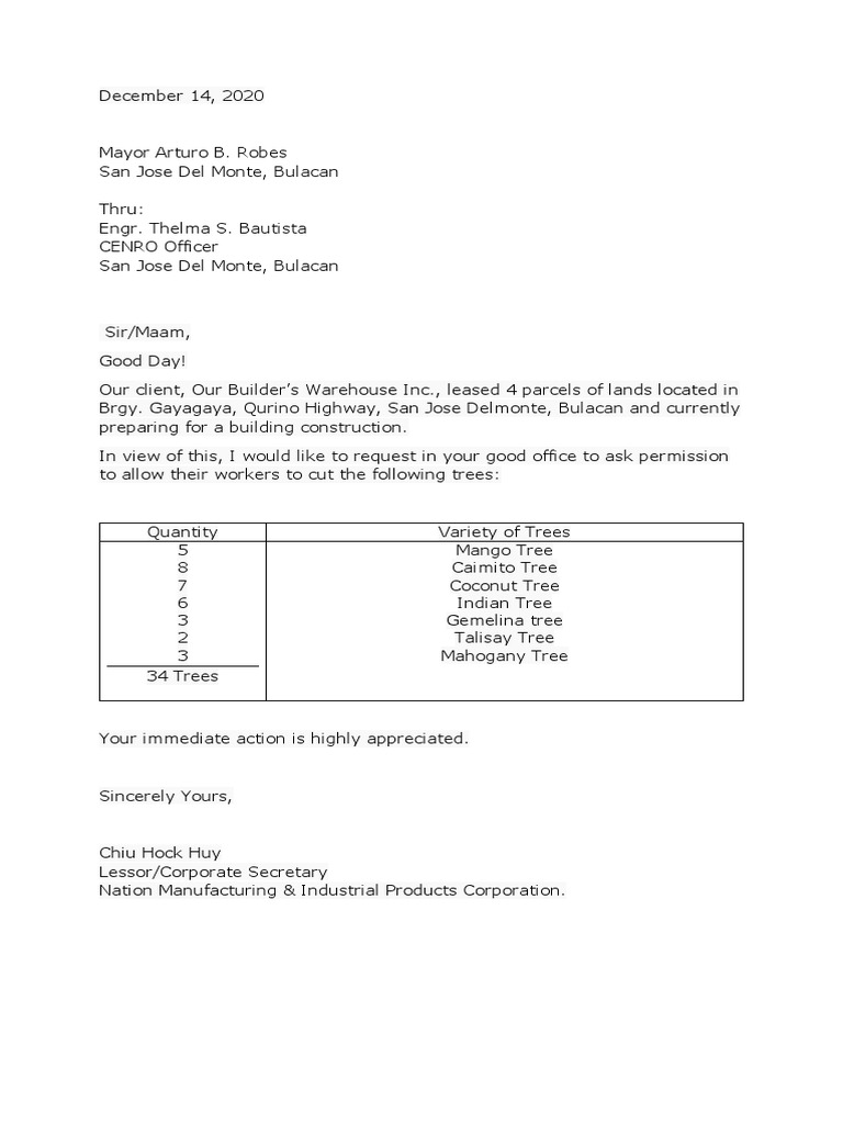 Request for Tree Cutting Permit | PDF