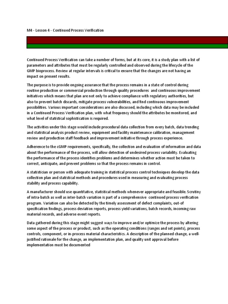 M4 - Lesson 4 - Continued Process Verification | PDF | Verification And Validation | Statistics